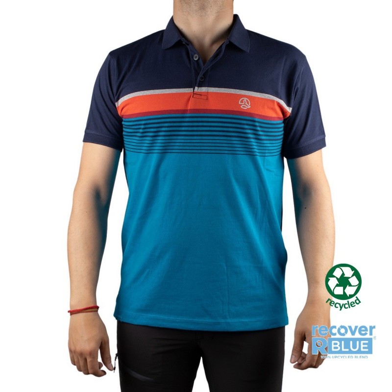 Ternua Polo STRAR Blue Whales Grey Azul Rayas Naranja Hombre